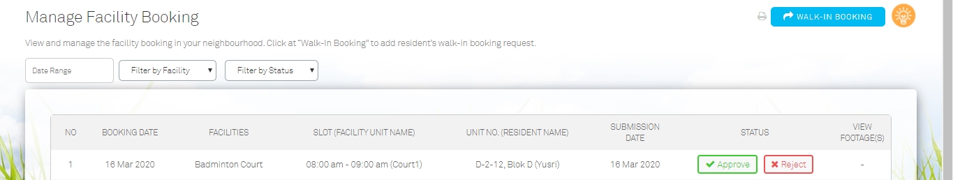 Walk-in Facility Booking
